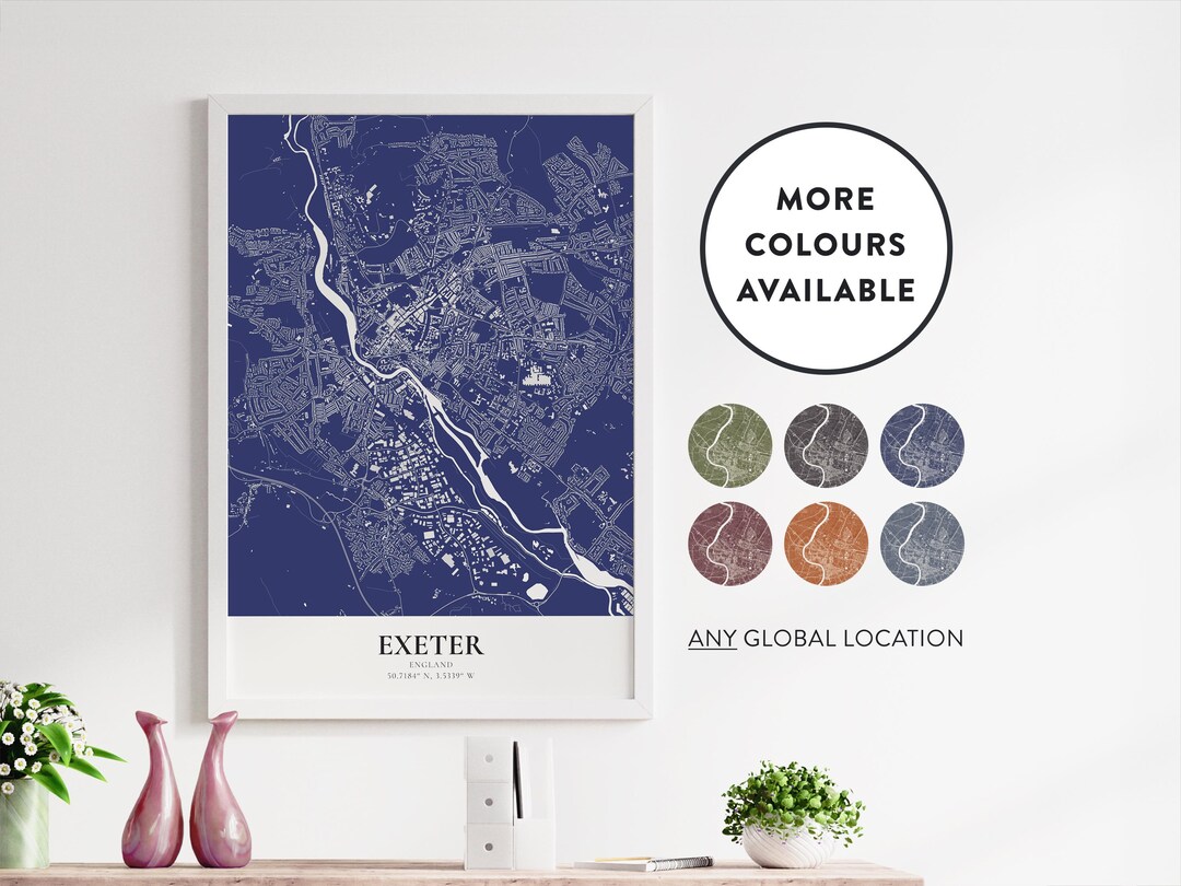 Exeter Map Print | Custom Location | Personalised | Colour Options ...