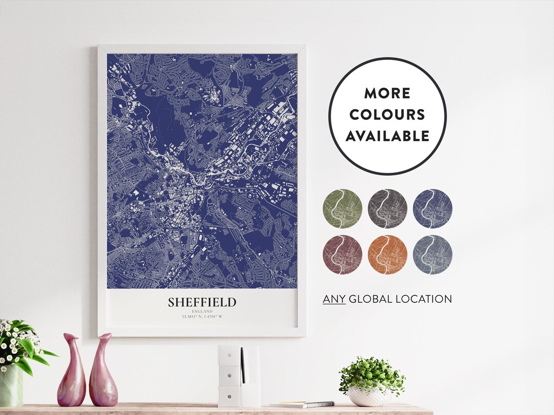 Sheffield Map Print | Custom Location | Personalised | Colour Options ...