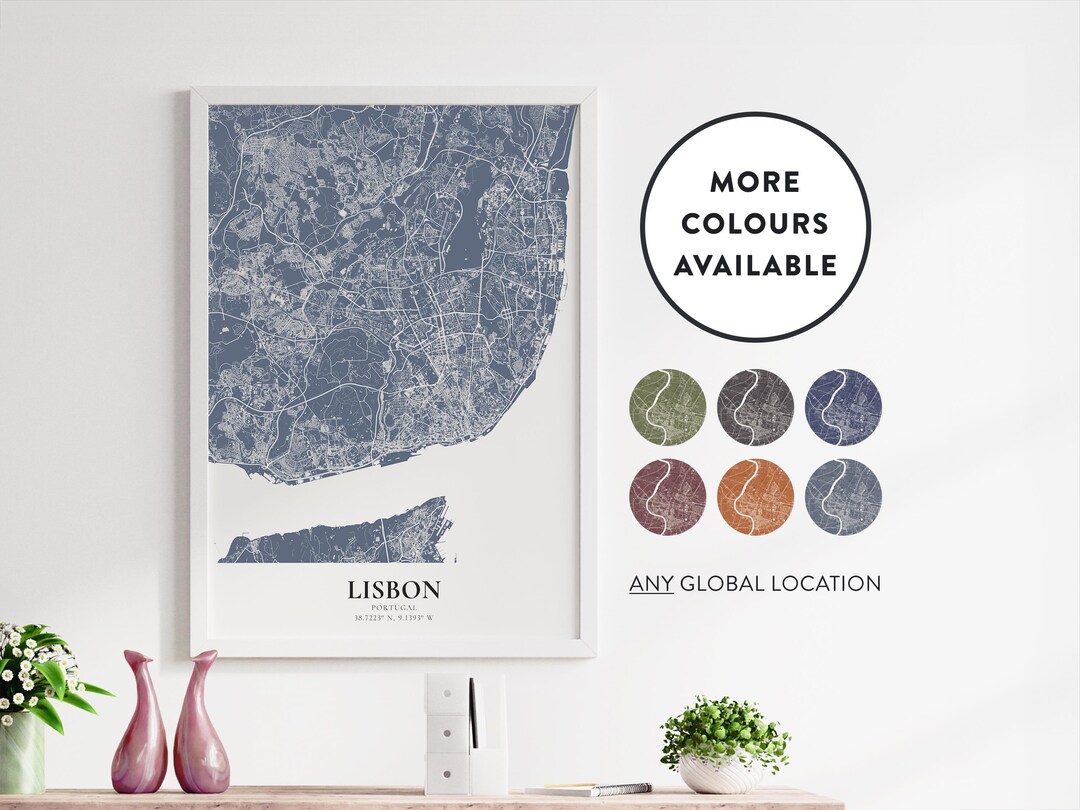 Lisbon City Map Print | Custom Location Option | Colour Options | Wall ...