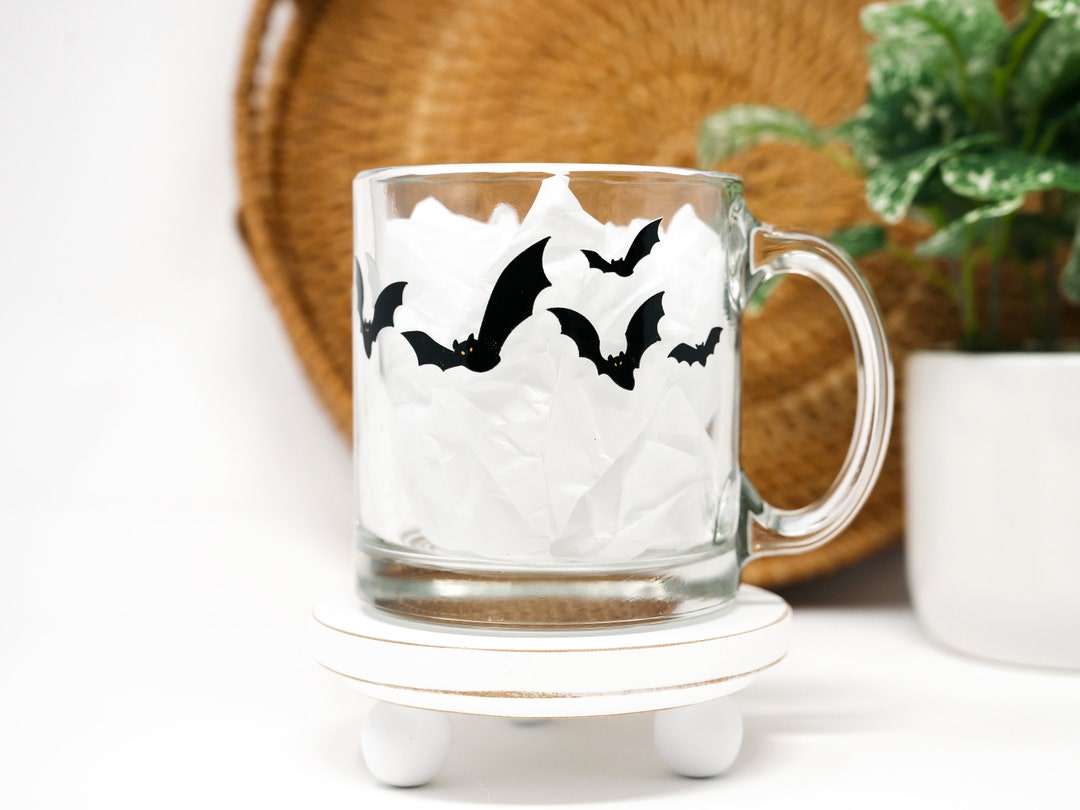 10oz Clear Glass MUG, Bats Wrap Around, Halloween Mug Microwave Safe ...