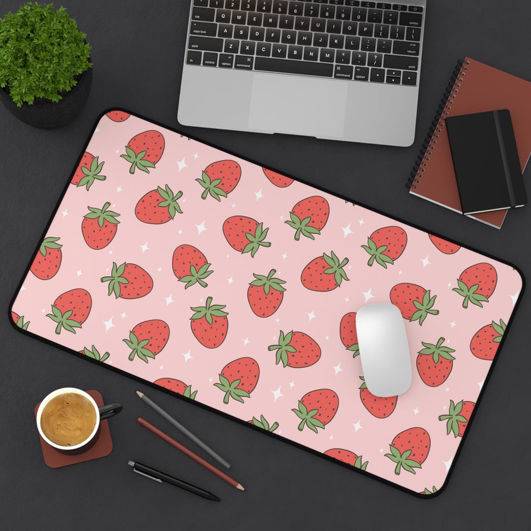 Strawberries Desk Mat | Cute Kawaii Pink Large Mouse Pad | Fruit ...