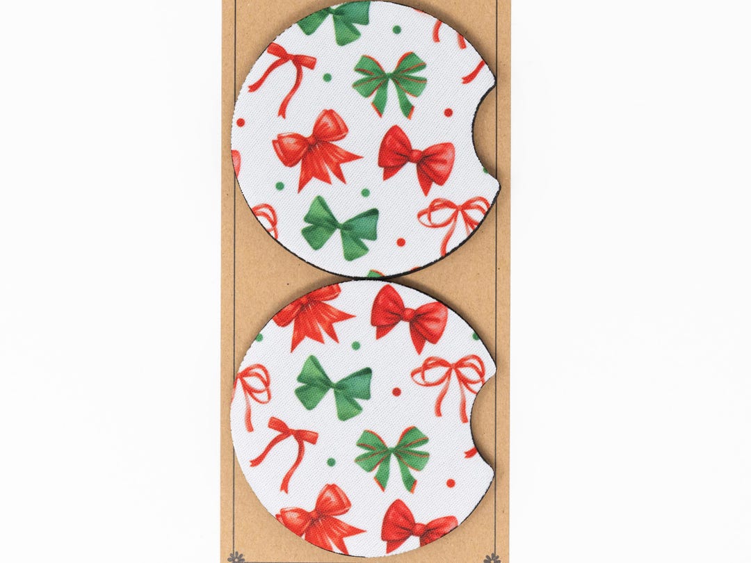 Car Coaster, Neoprene, Cute Christmas Bows in Red and Green, Coquette ...