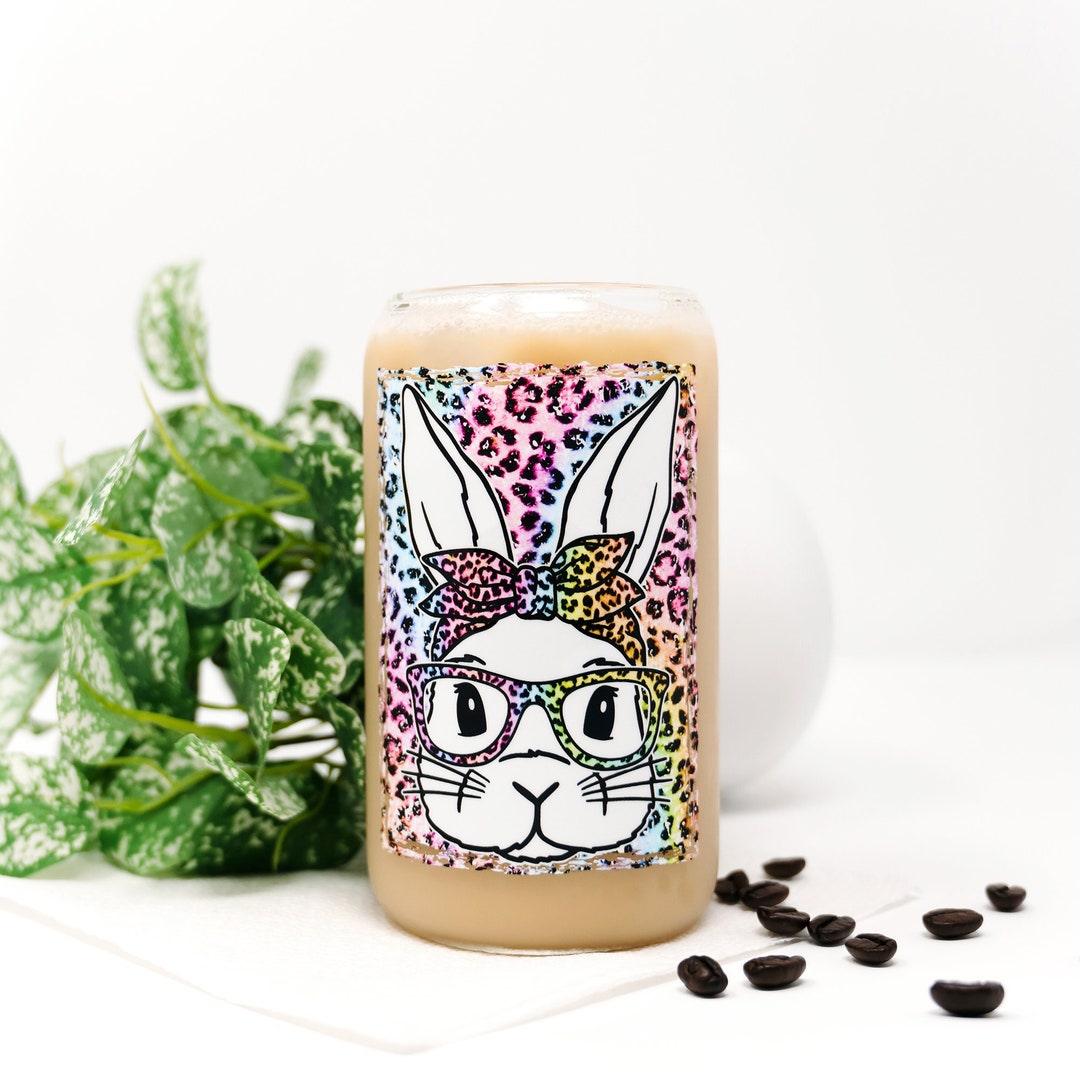 16oz Clear Glass Tumbler Cup With Lid, Cute Bunny Rabbit With Glasses ...