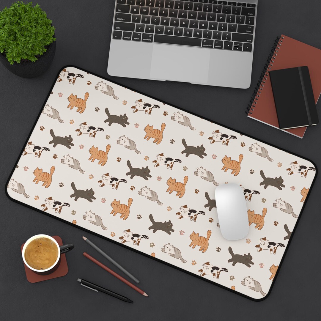 Hand-drawn Cute Cats Desk Mat | Kitty Large Mouse Pad | Kawaii Cat ...
