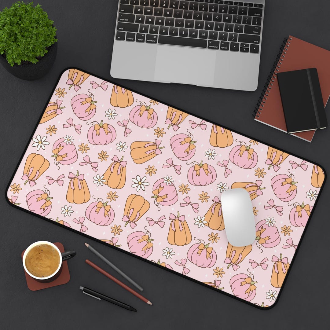 Pink Fall Pumpkin Desk Mat, Cute Autumn Office Decor, Large Mouse Pad ...