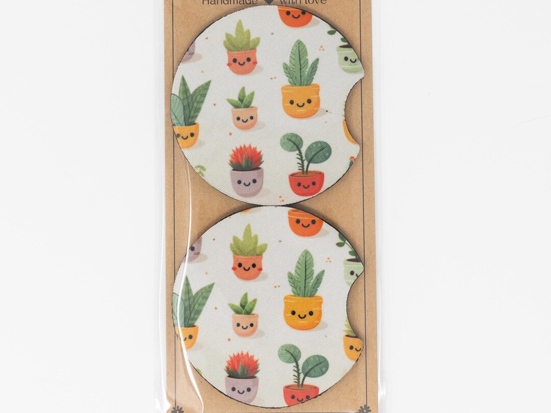 Car Coaster, Neoprene, Cute Kawaii Plants, Set of 2 Car Coasters, Cute ...