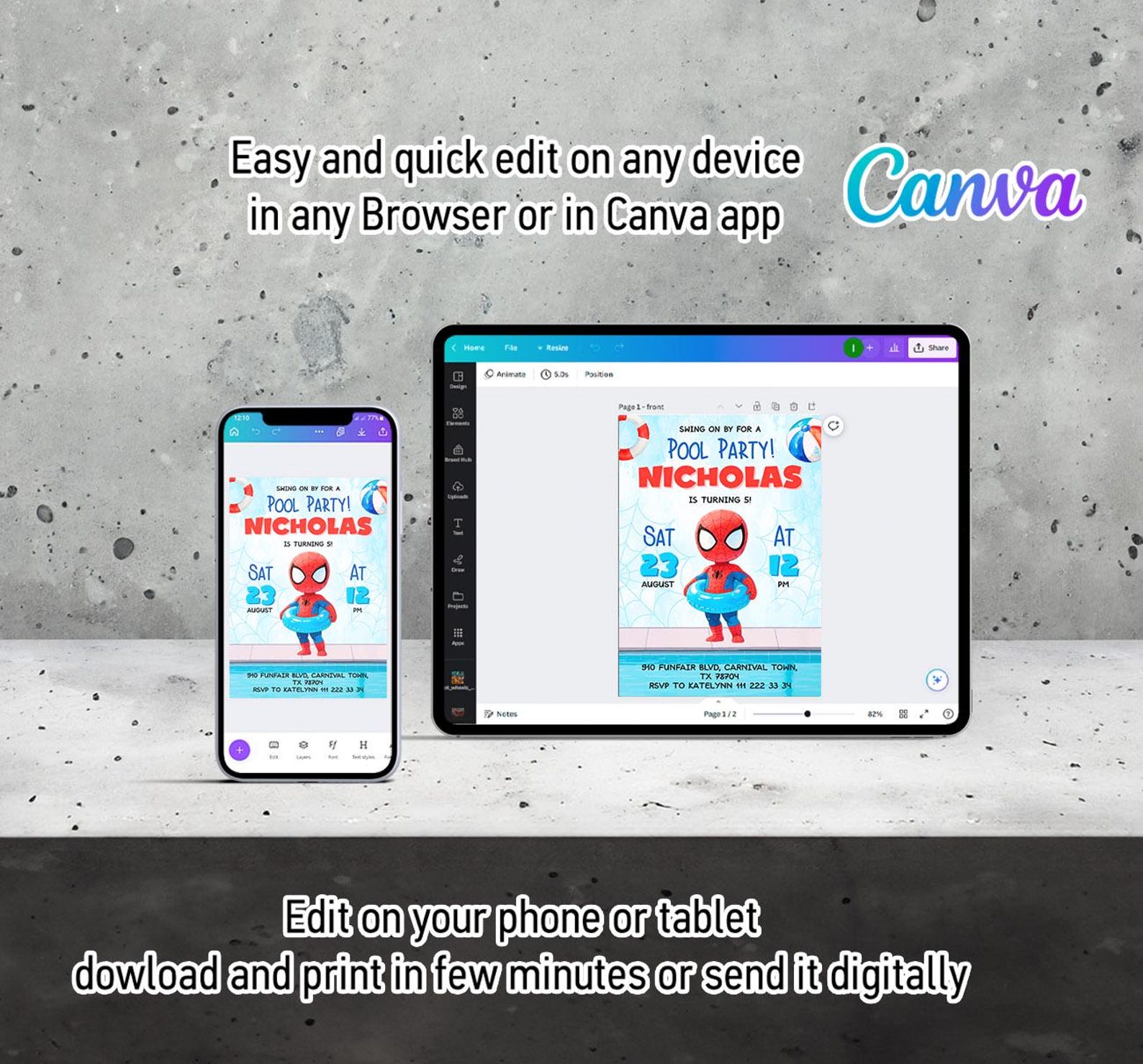 Spidey Pool Party Invitation, Editable Superhero Birthday Invite, Swim ...