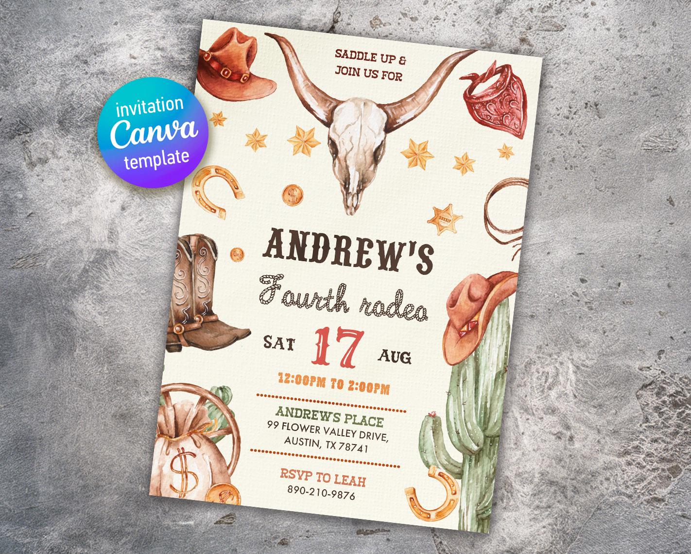 Printable Cowboy Birthday Invitation, Editable Rodeo Invitation ...