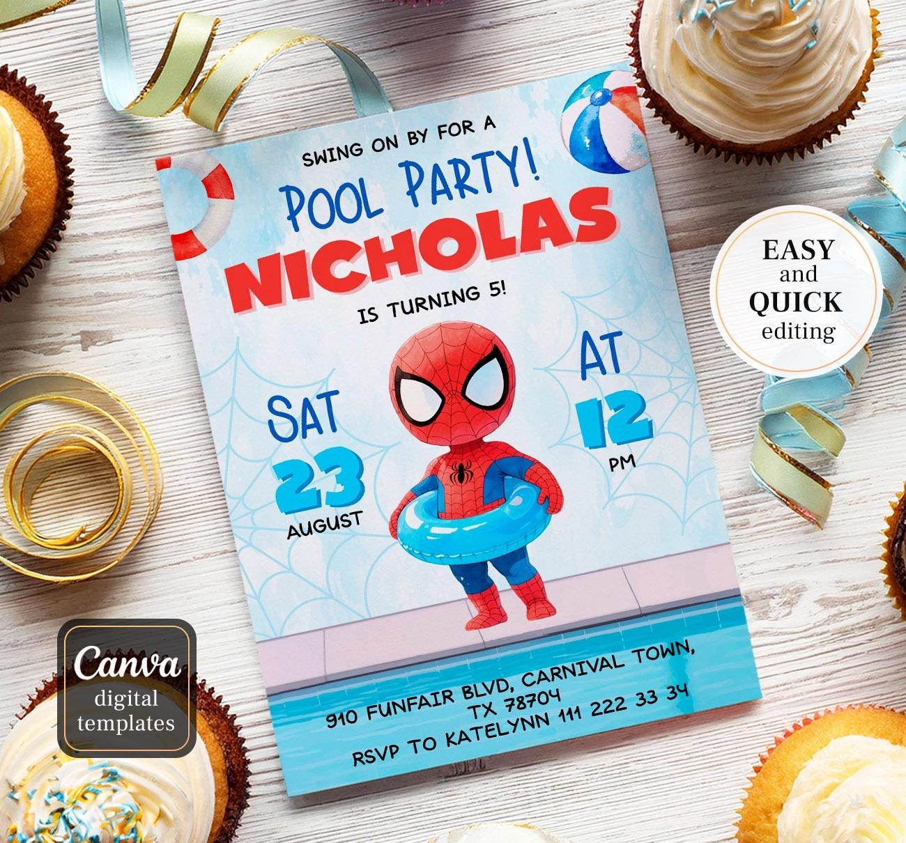 Spidey Pool Party Invitation, Editable Superhero Birthday Invite, Swim ...