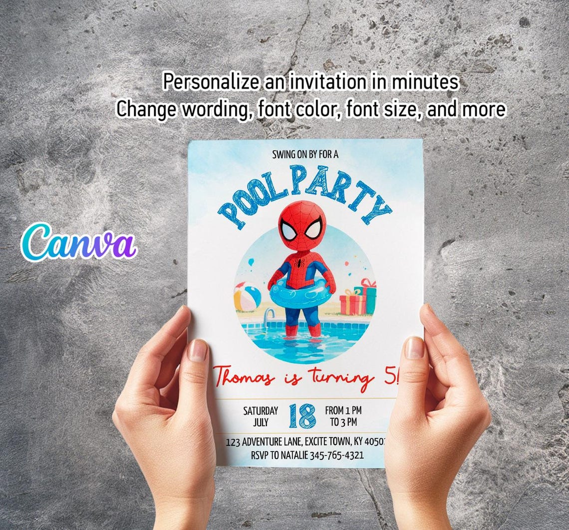 Spidey Pool Party Invitation, Editable Superhero Birthday Invite, Swim ...