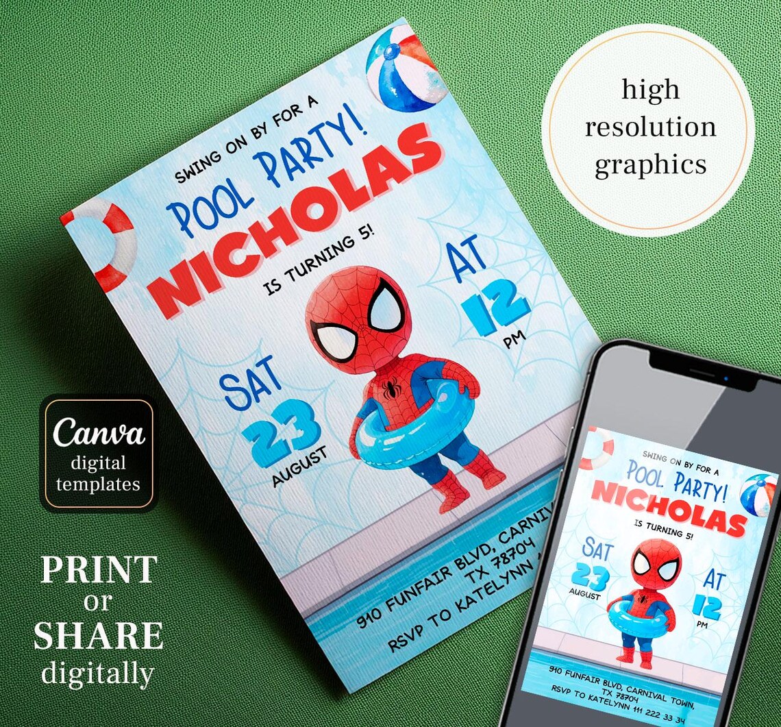 Spidey Pool Party Invitation, Editable Superhero Birthday Invite, Swim ...