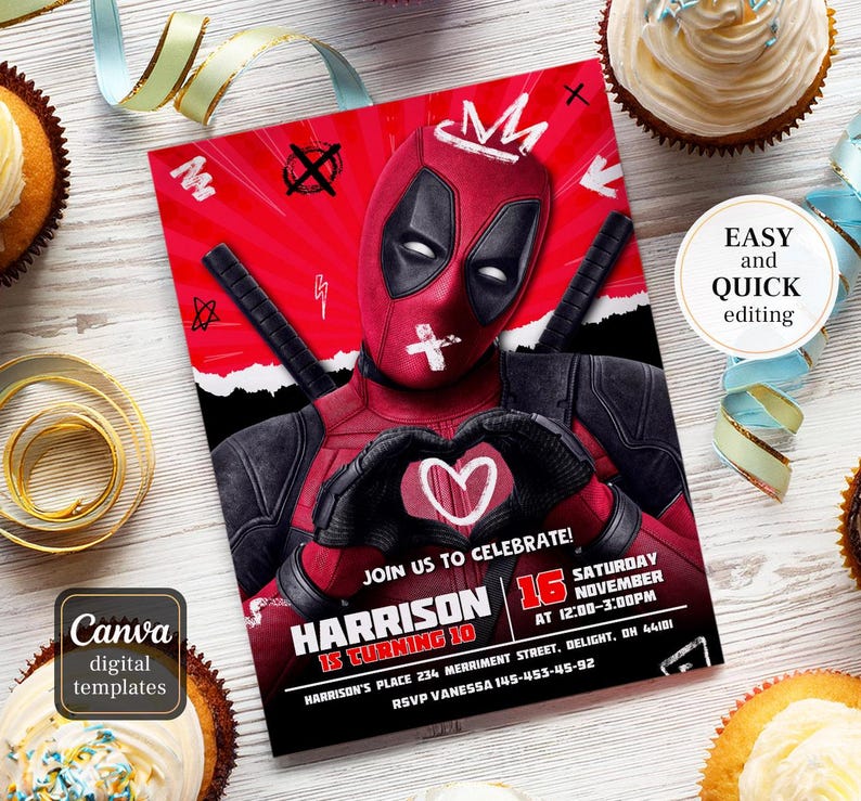 Invitación de cumpleaños editable de Deadpool y Wolverine, fiesta de ...
