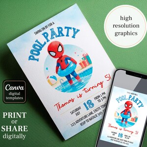 Spidey Pool Party Invitation, Editable Superhero Birthday Invite, Swim ...