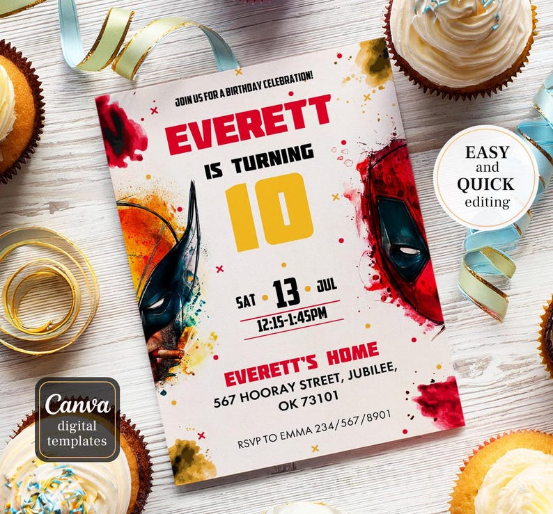 Editable Deadpool and Wolverine Birthday Invitation, Wolverine Deadpool ...