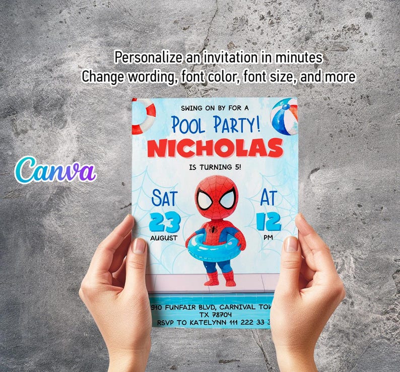 Spidey Pool Party Invitation, Editable Superhero Birthday Invite, Swim ...