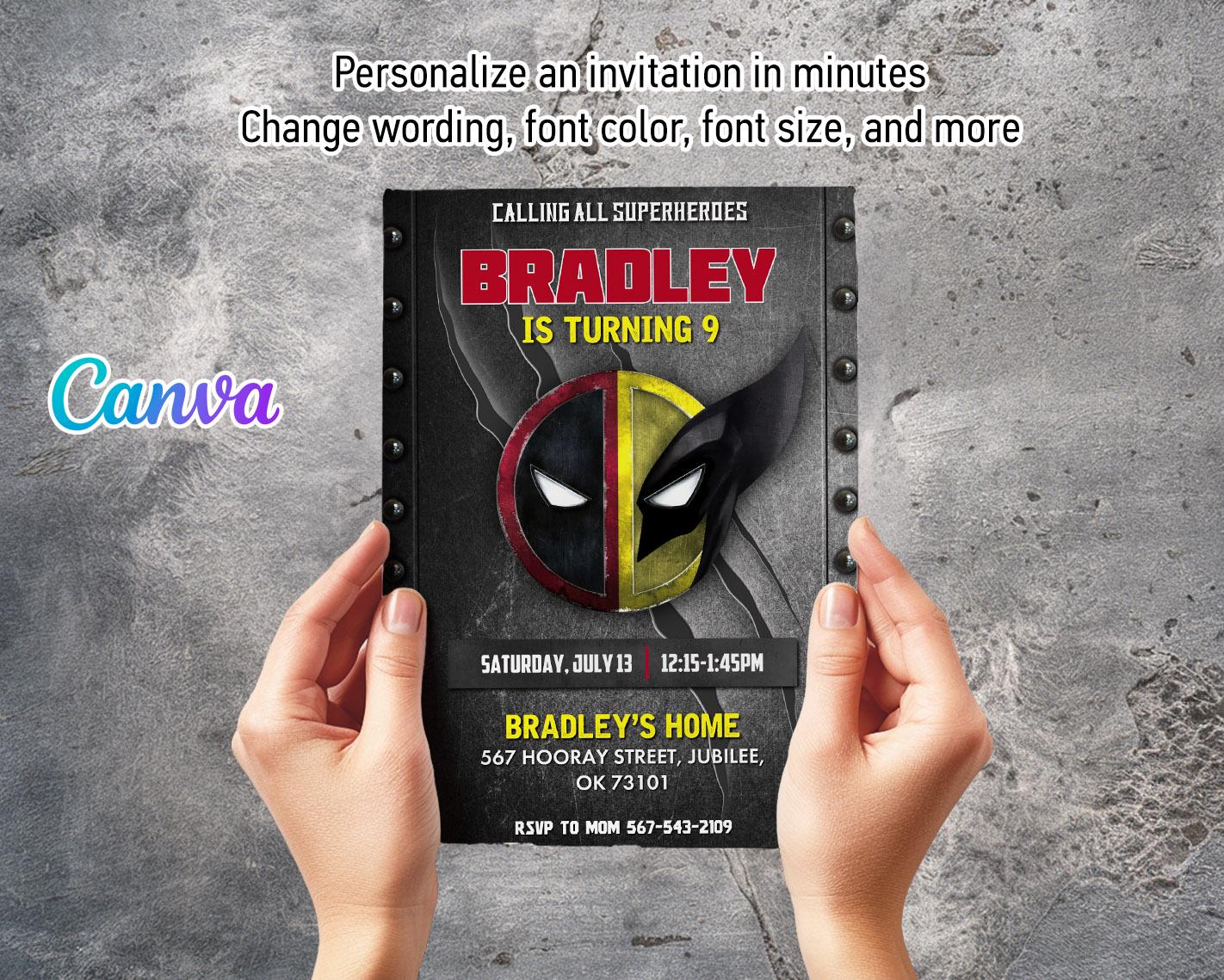 Editable Deadpool and Wolverine Birthday Invitation, Wolverine Deadpool ...