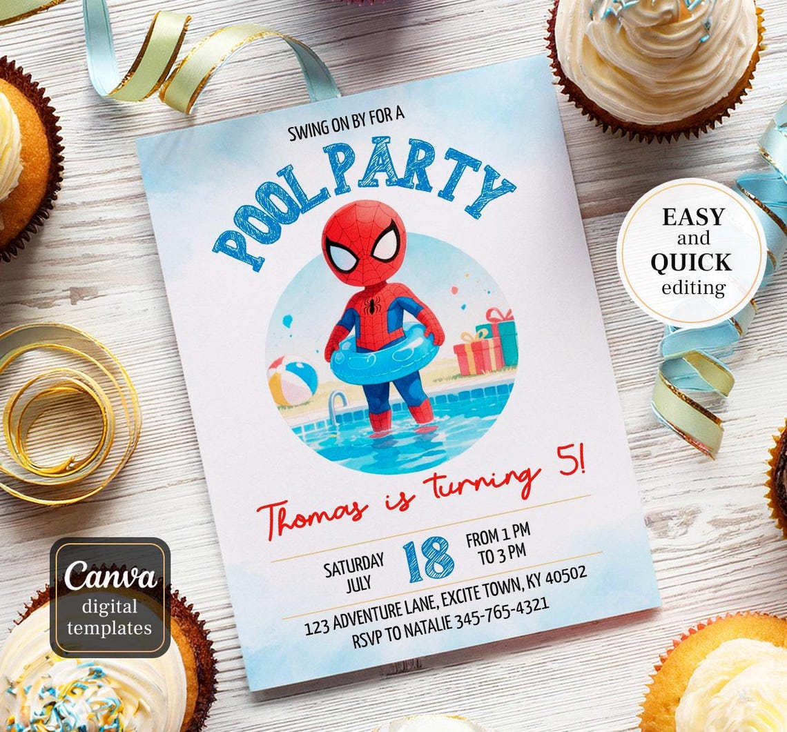 Spidey Pool Party Invitation, Editable Superhero Birthday Invite, Swim ...