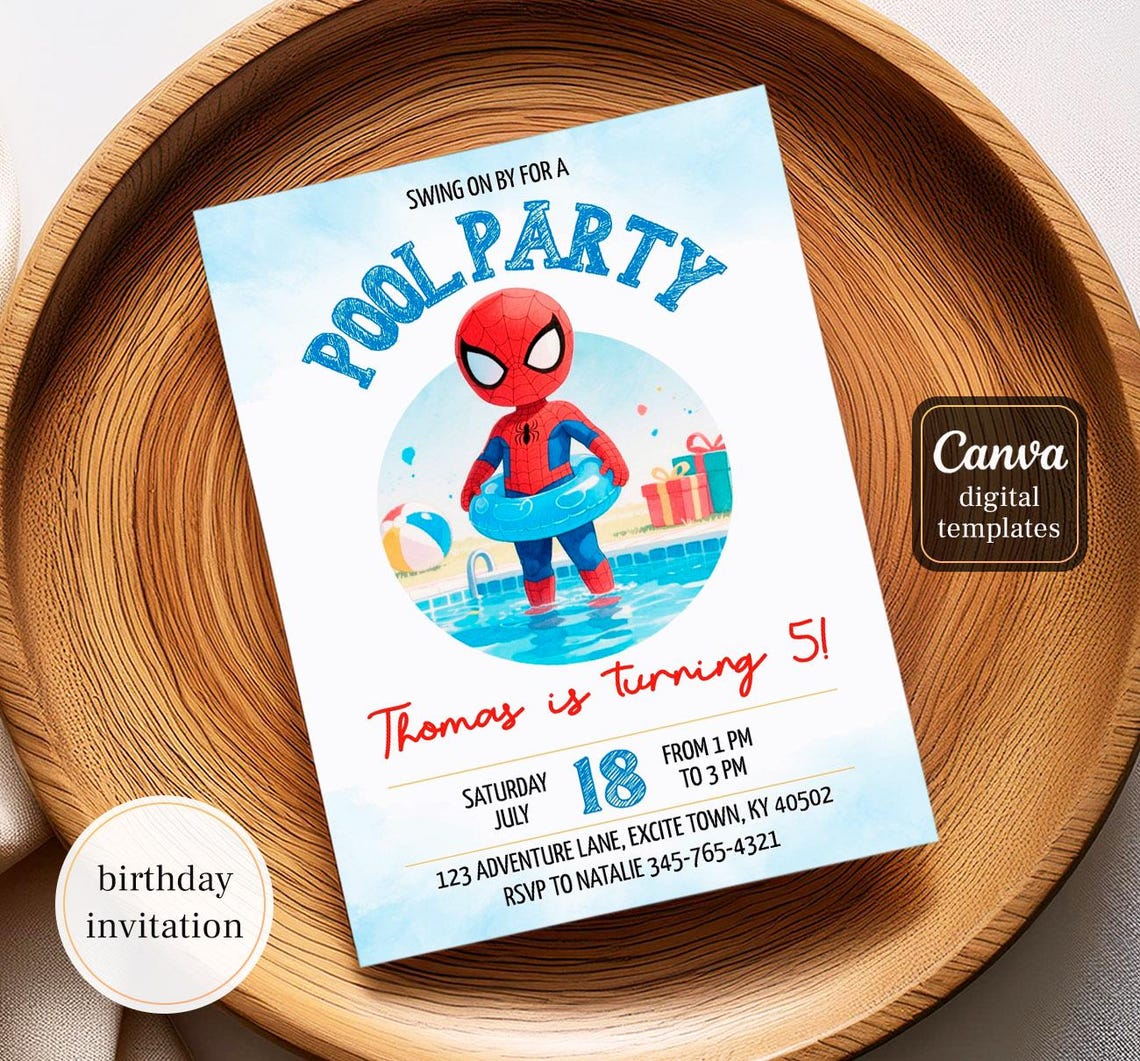 Spidey Pool Party Invitation, Editable Superhero Birthday Invite, Swim ...