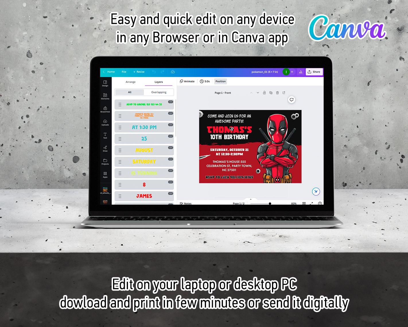 Editable Deadpool and Wolverine Birthday Invitation, Dead Pool ...