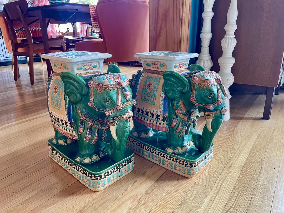 Pair of Green Ceramic Elephant Garden Stools - Etsy