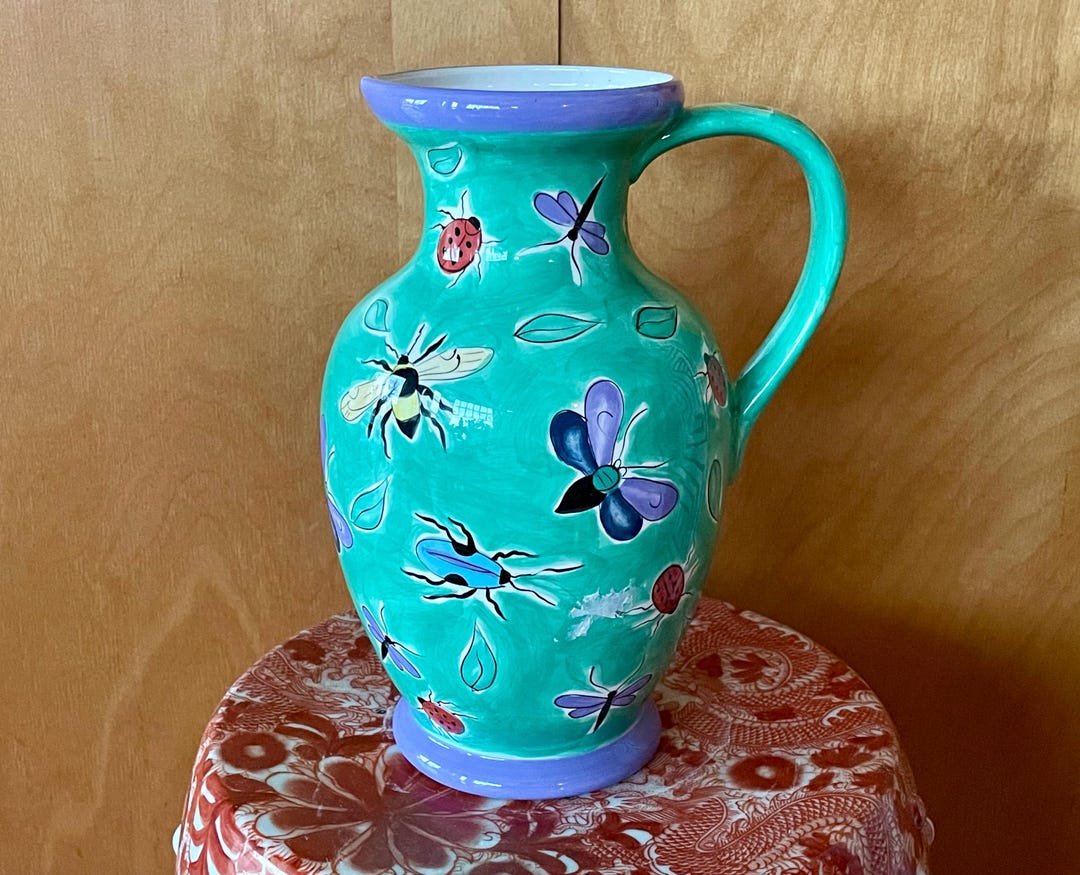 Hand Painted Ceramic Water Jug With Butterflies, Ladybugs, and Bees - Etsy
