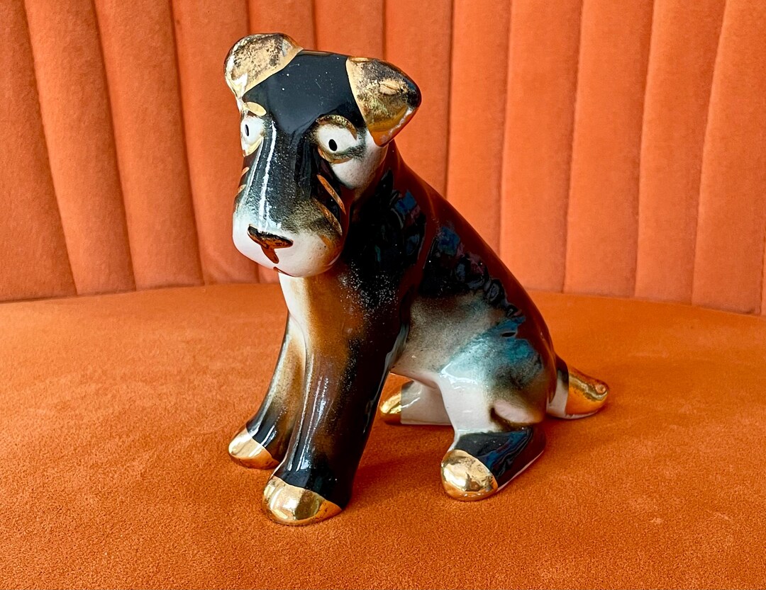 Black and White Ceramic Schnauzer Dog Figurine, With Gold Details - Etsy