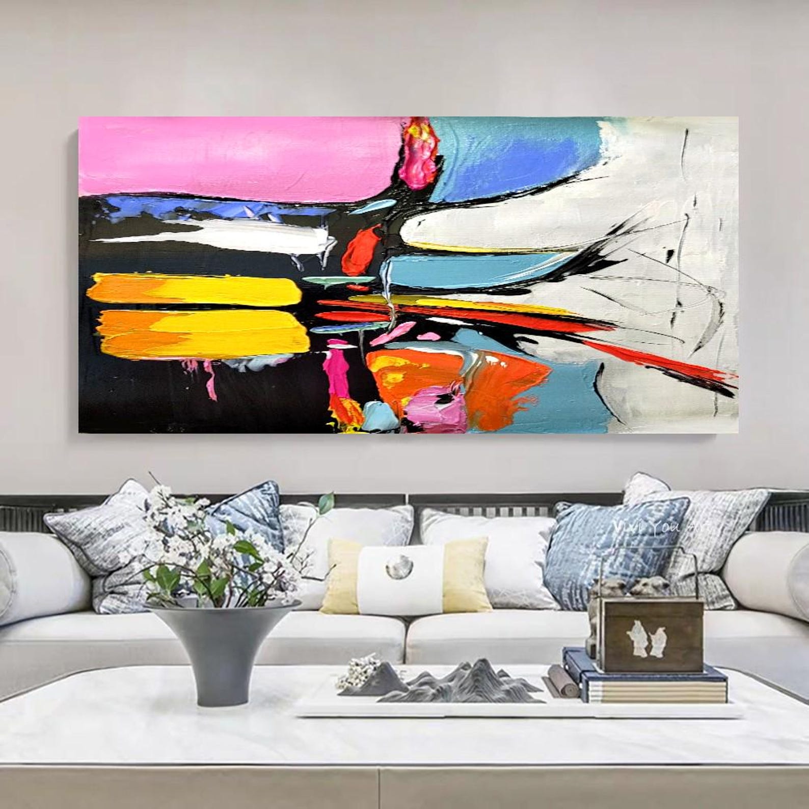 City Lights Vivid Abstract Impasto Oil Painting on Canvas, Contemporary ...