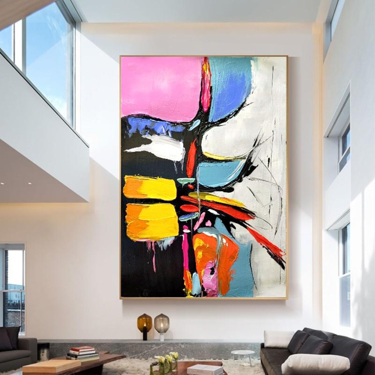 City Lights Vivid Abstract Impasto Oil Painting on Canvas, Contemporary ...