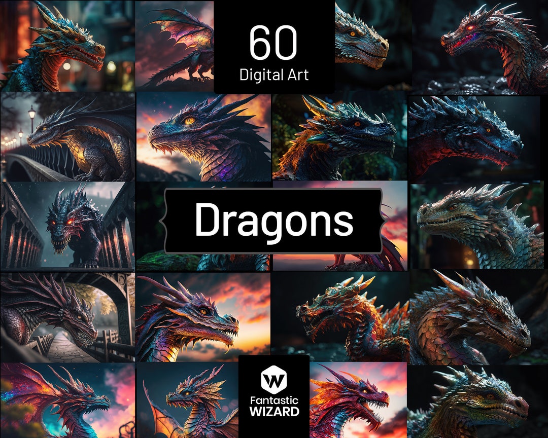 60 Digital Dragons Closeups Pack, Mythical Creature Clipart Set ...