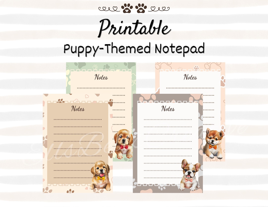 Puppy-themed Printable Notepad A6, Digital Stationery, 4 Adorable ...