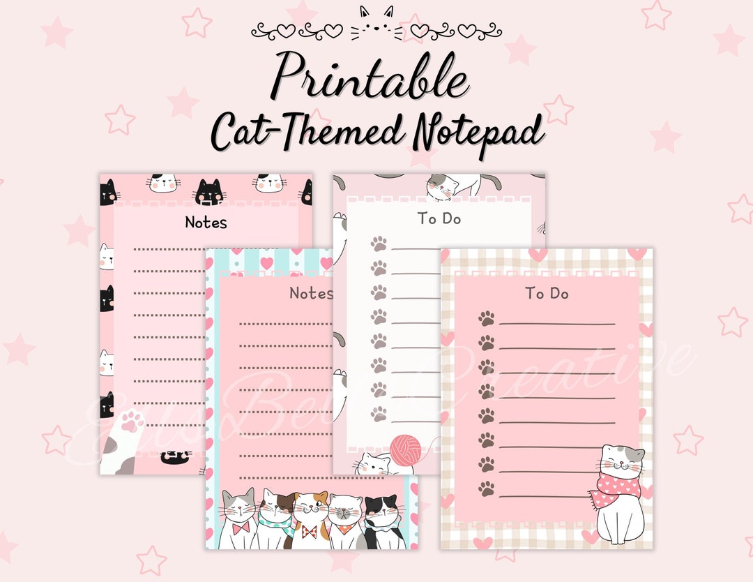 Cat-themed Printable Notepad A6, Digital Stationery, 4 Kawaii Designs ...