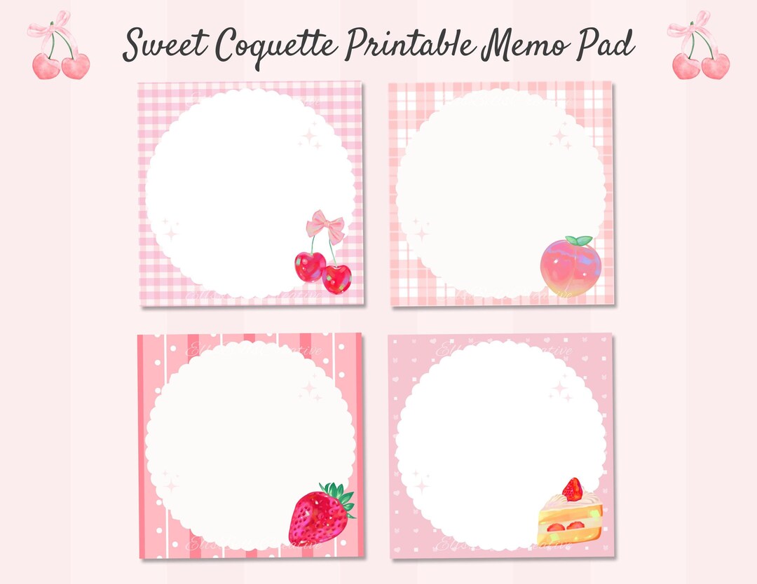 Sweet Coquette Printable Memo Pad, 3x3 Inches, Cute Stationery, Digital ...