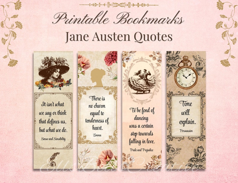 Jane Austen Quotes Printable Bookmarks, Set of 4, Digital Download ...