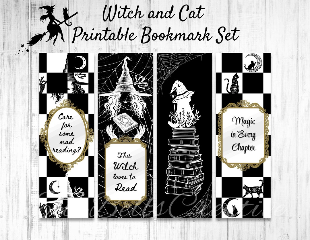 Witch and Cat Halloween Printable Bookmark Set, Digital Download, 4 ...