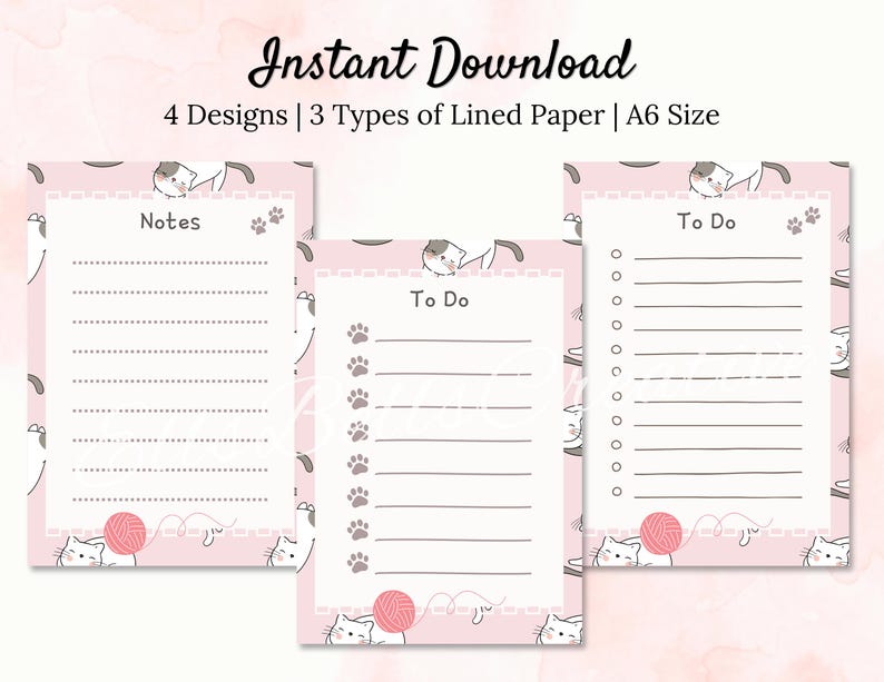 Cat-themed Printable Notepad A6, Digital Stationery, 4 Kawaii Designs ...