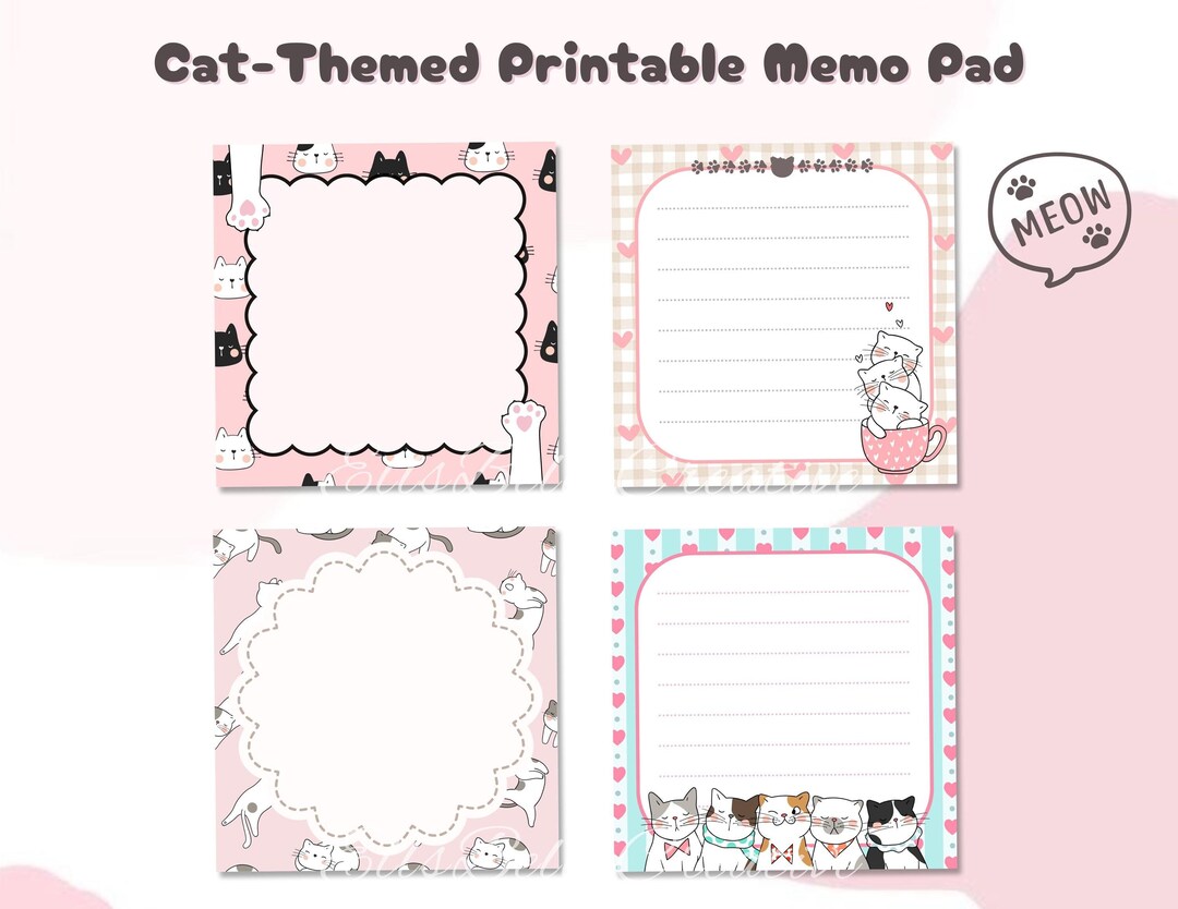 Cat-themed Printable Memo Pad, 3x3 Inches, Digital Download, 4 Kawaii ...
