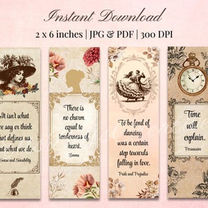 Jane Austen Quotes Printable Bookmarks, Set of 4, Digital Download ...