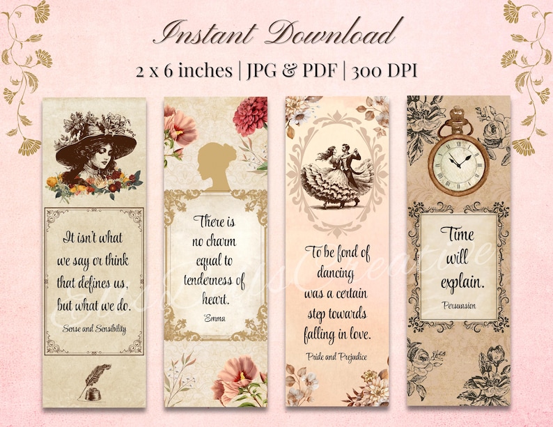 Jane Austen Quotes Printable Bookmarks, Set of 4, Digital Download ...