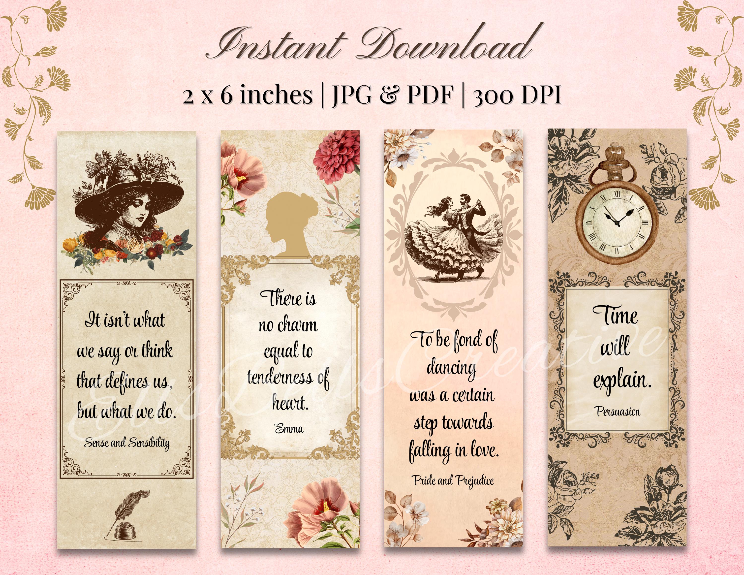 Jane Austen Quotes Printable Bookmarks, Set of 4, Digital Download ...