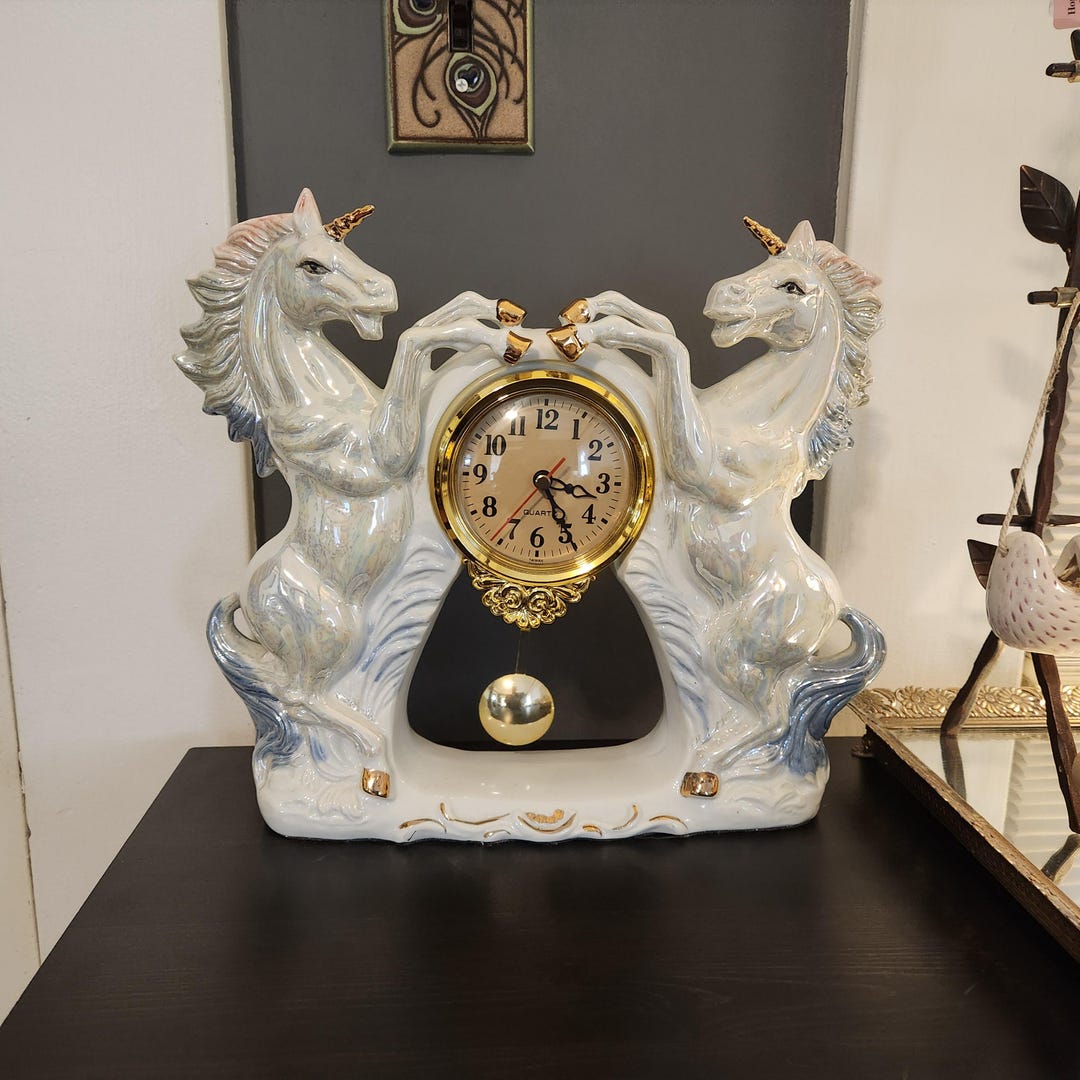 Vintage Rare Eleco Iridescent Double Unicorn Clock W/ Pendulum Pink ...