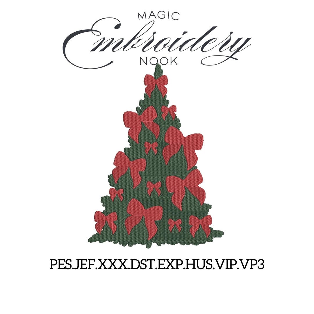 Christmas Tree Embroidery Design With Large Holiday Bows for Festive ...
