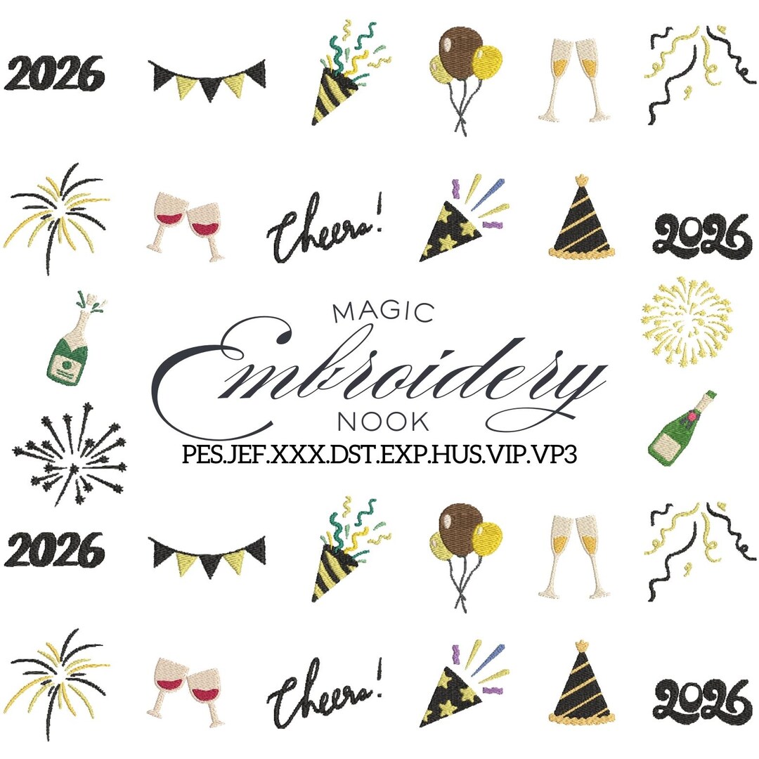 New Year Celebration Mini Embroidery Bundle With Festive Icons. Elegant ...