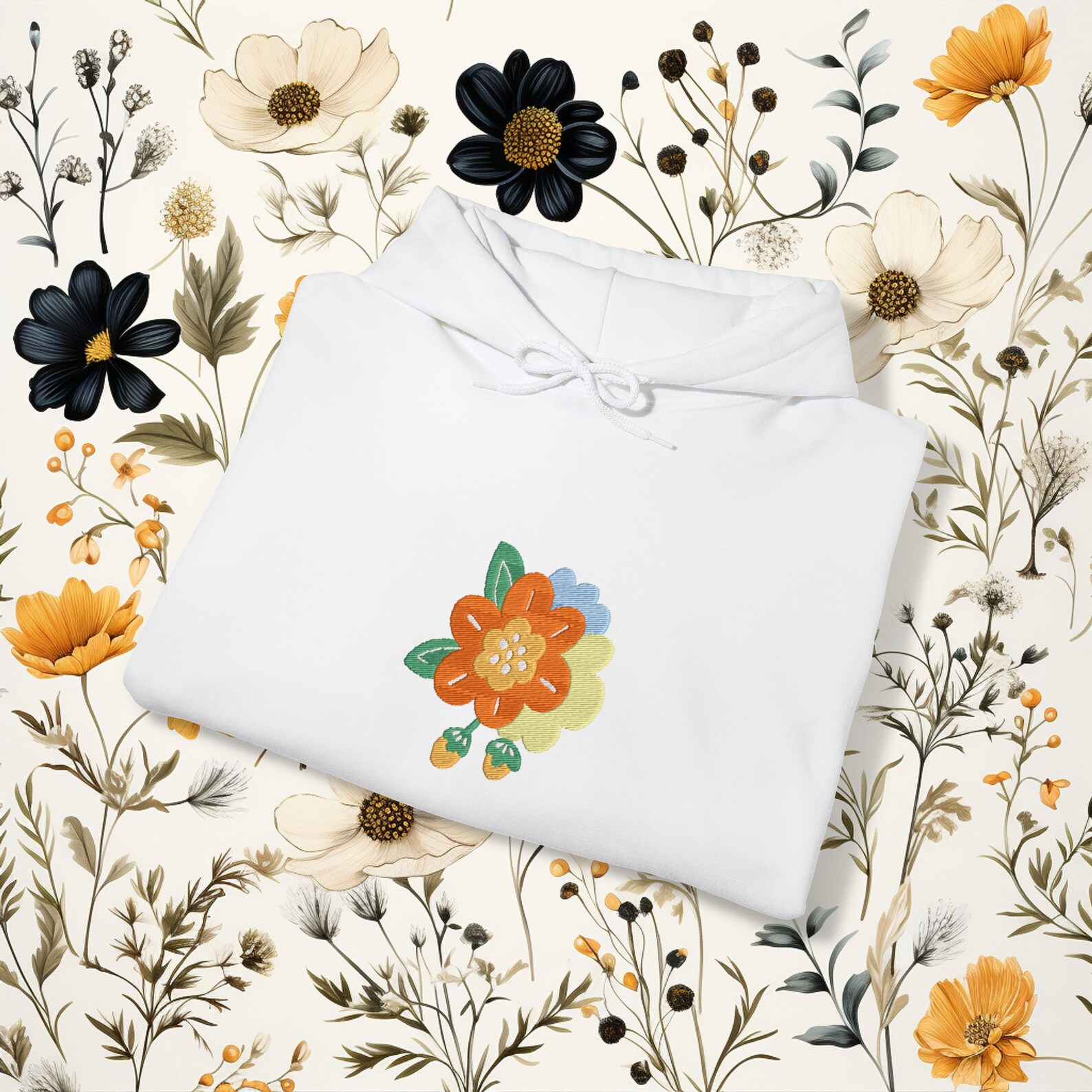 Orange and Yellow With Blue Flowers Embroidery Design. Flowers ...
