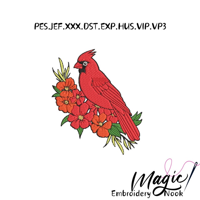 Cardinal Bird Embroidery Design. Red Bird and Flowers Embroidery Design ...
