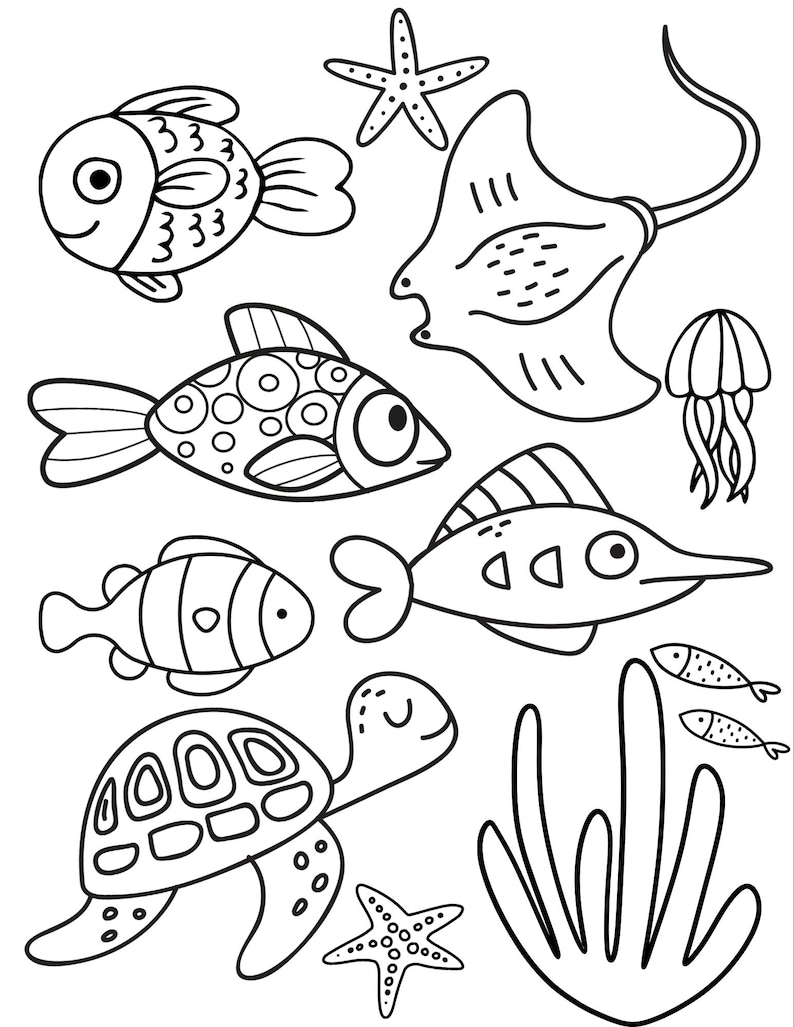 Set of 4, Ocean Colouring Pages, Sea, Seashells, Fish, Kids Colouring ...
