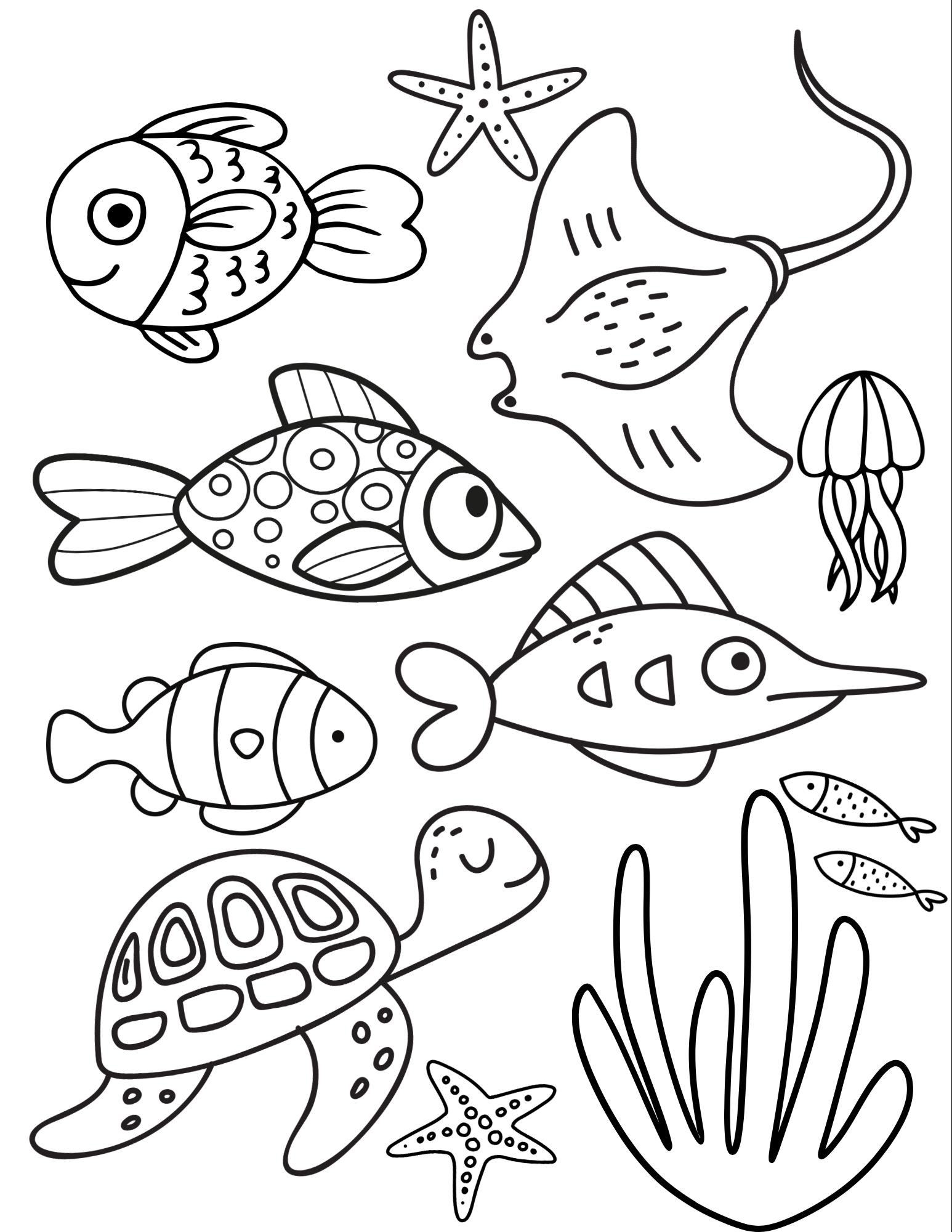 Set of 4, Ocean Colouring Pages, Sea, Seashells, Fish, Kids Colouring ...
