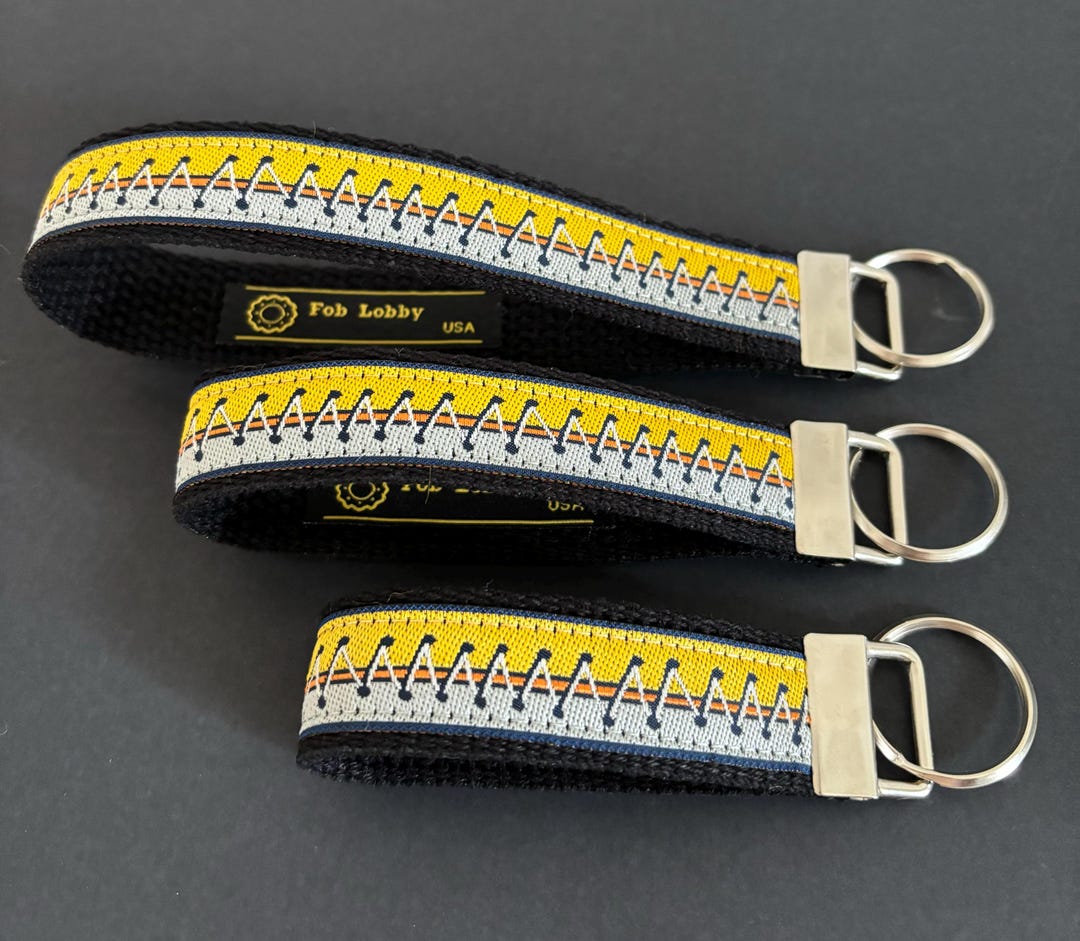 ZIPP LINE Key Fob. Jacquard Fob Yellow, Grey on Black Webbing. Silver ...