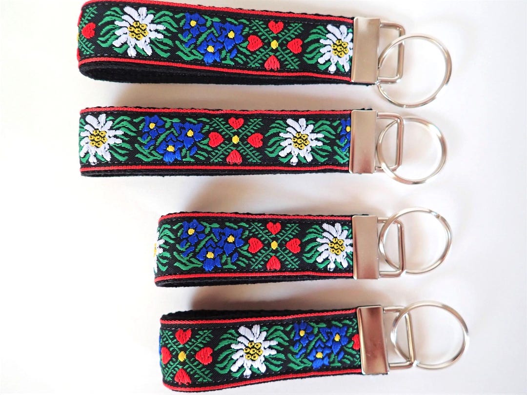 EDELWEISS Key Fob. Jacquard Fob Red, White, Blue, Green on Black ...