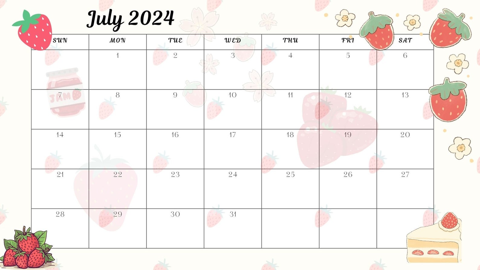 Cute Strawberry Fruit Themed Calendar July 2024-2025 Full Month Digital ...