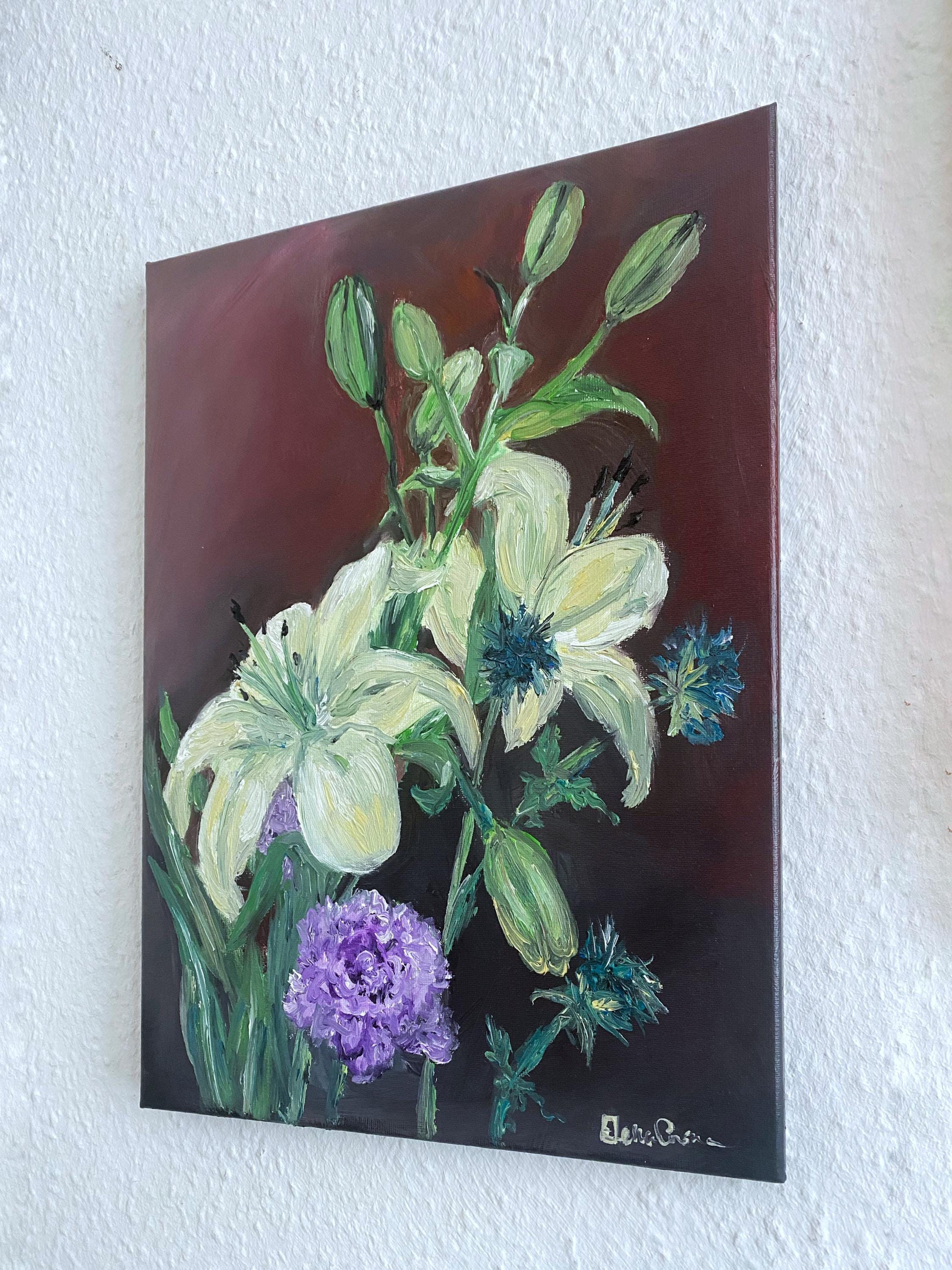 Still Life Original Oil Painting of Flowers, White Lilies and Purple ...
